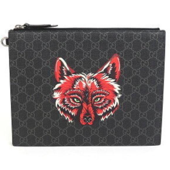 Gucci | Bags | Gucci Wolf Head Gg Supreme Clutch Bag Black Wristlet ...